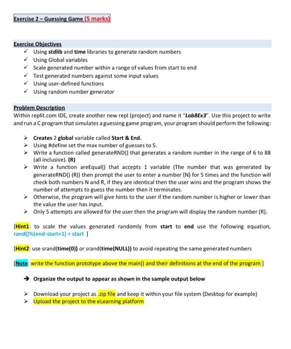 Solved Exercise 2 - Guessing Game (5 marks) Exercise | Chegg.com