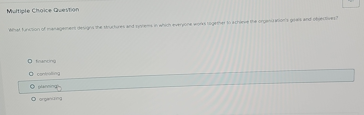 Solved Multiple Cholce QuestionWhat function of management | Chegg.com