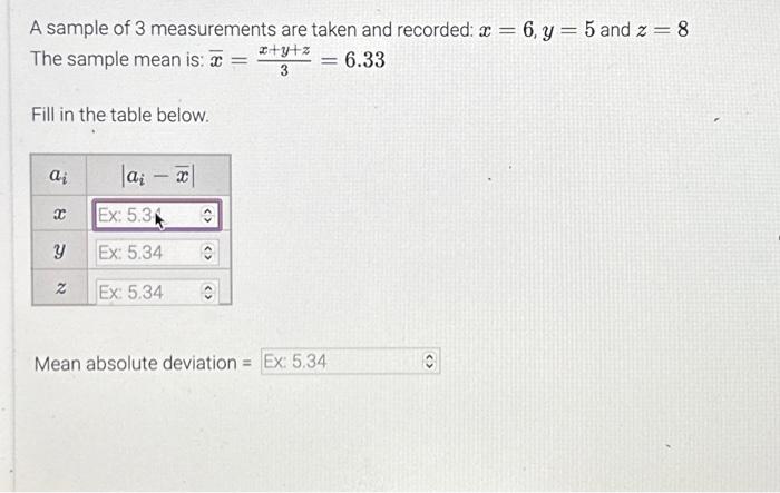Solved A sample of 3 measurements are taken and recorded: x | Chegg.com