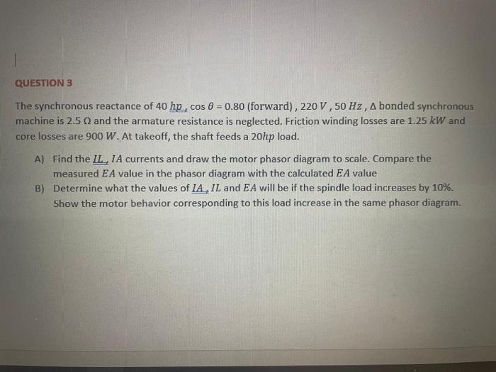 Solved The synchronous reactance of 40hp,cosθ=0.80 (forward) | Chegg.com