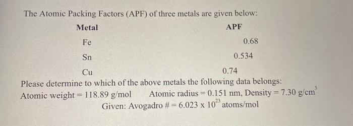 Solved The Atomic Packing Factors (APF) of three metals are | Chegg.com