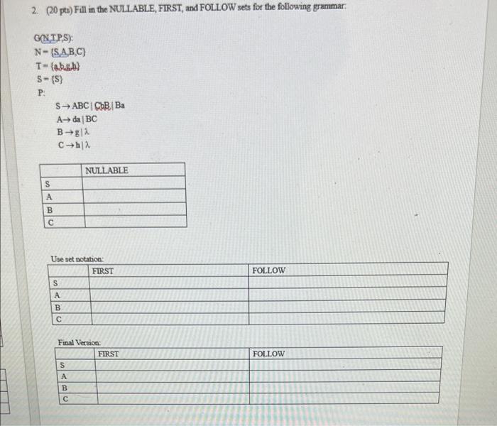 Solved 2. (20 pts) Fill in the NULLABLE, FIRST, and FOLLOW | Chegg.com