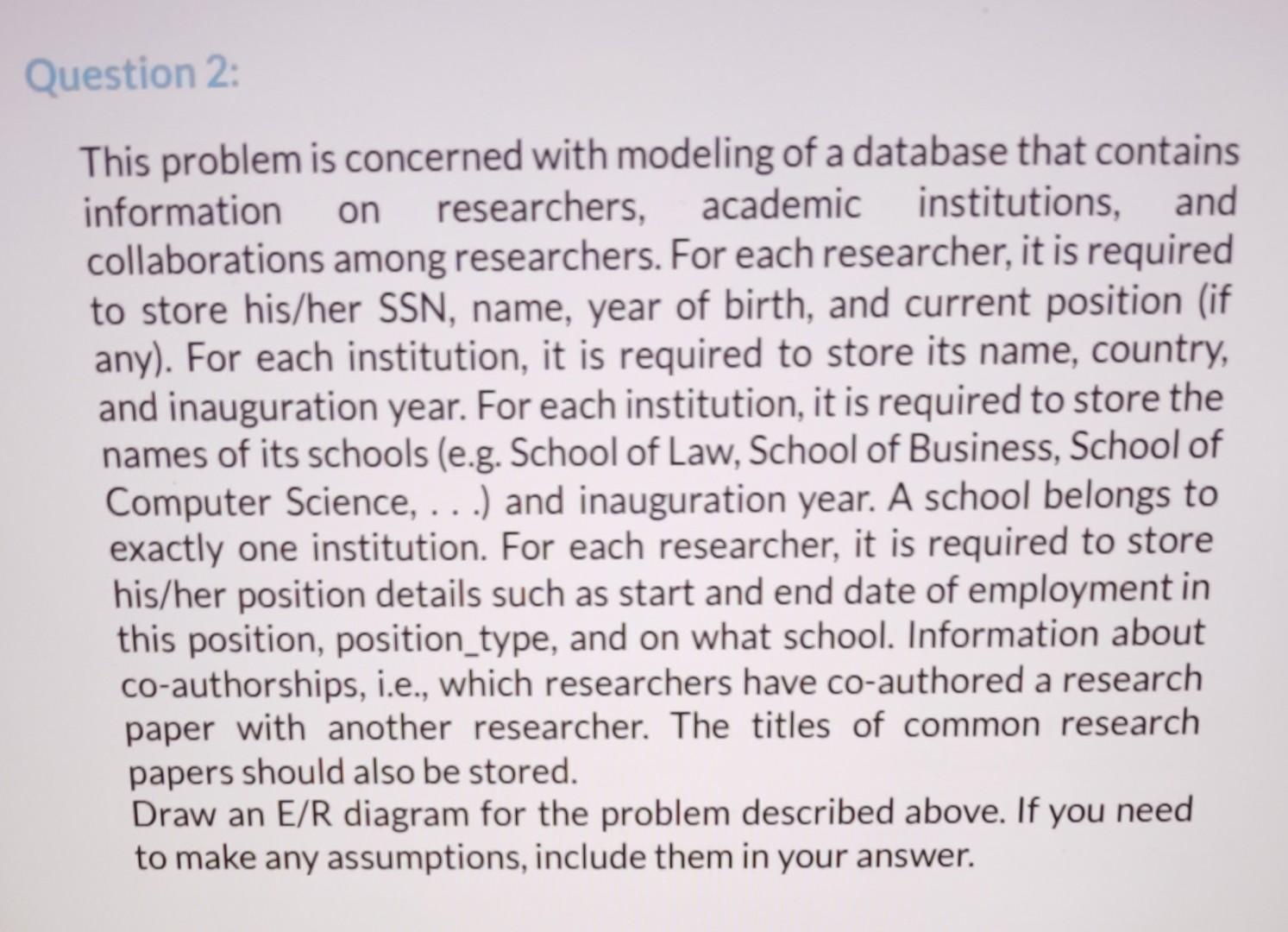 Solved This problem is concerned with modeling of a database | Chegg.com