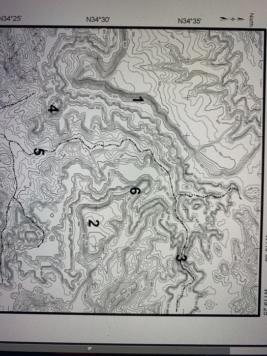 Solved Feet Contour interval 20 feet Look at the numbered | Chegg.com