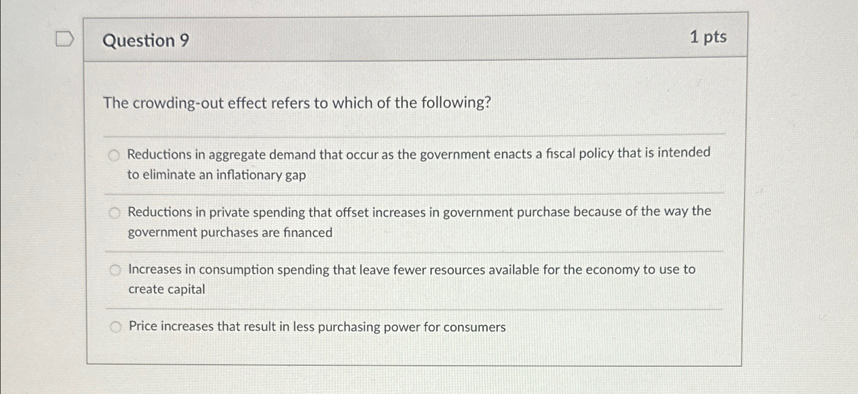 Solved Question 91ptsThe crowding-out effect refers to which | Chegg.com