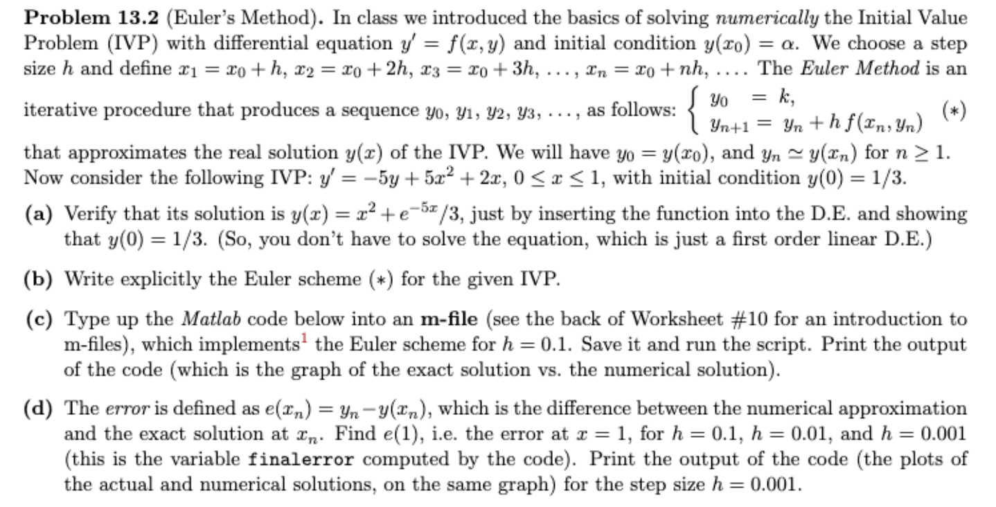 Solved Matlab code for Problem 13.2.Problem 13.2 (Euler's | Chegg.com