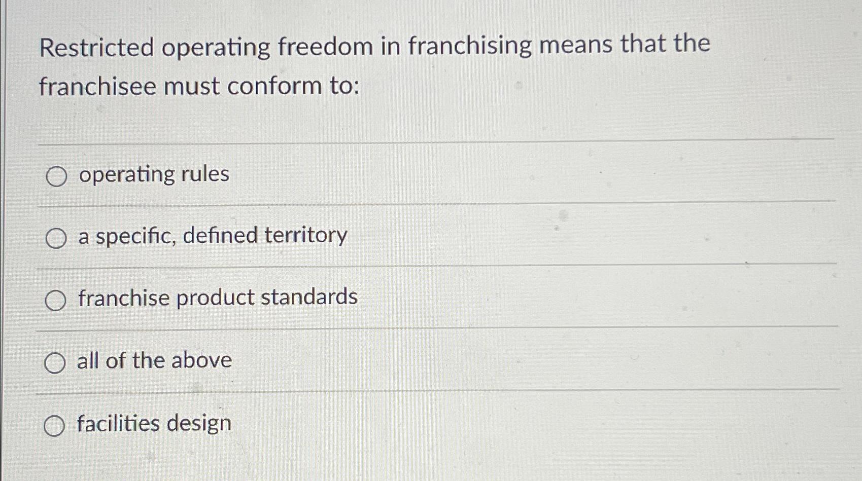 Solved Restricted operating freedom in franchising means | Chegg.com