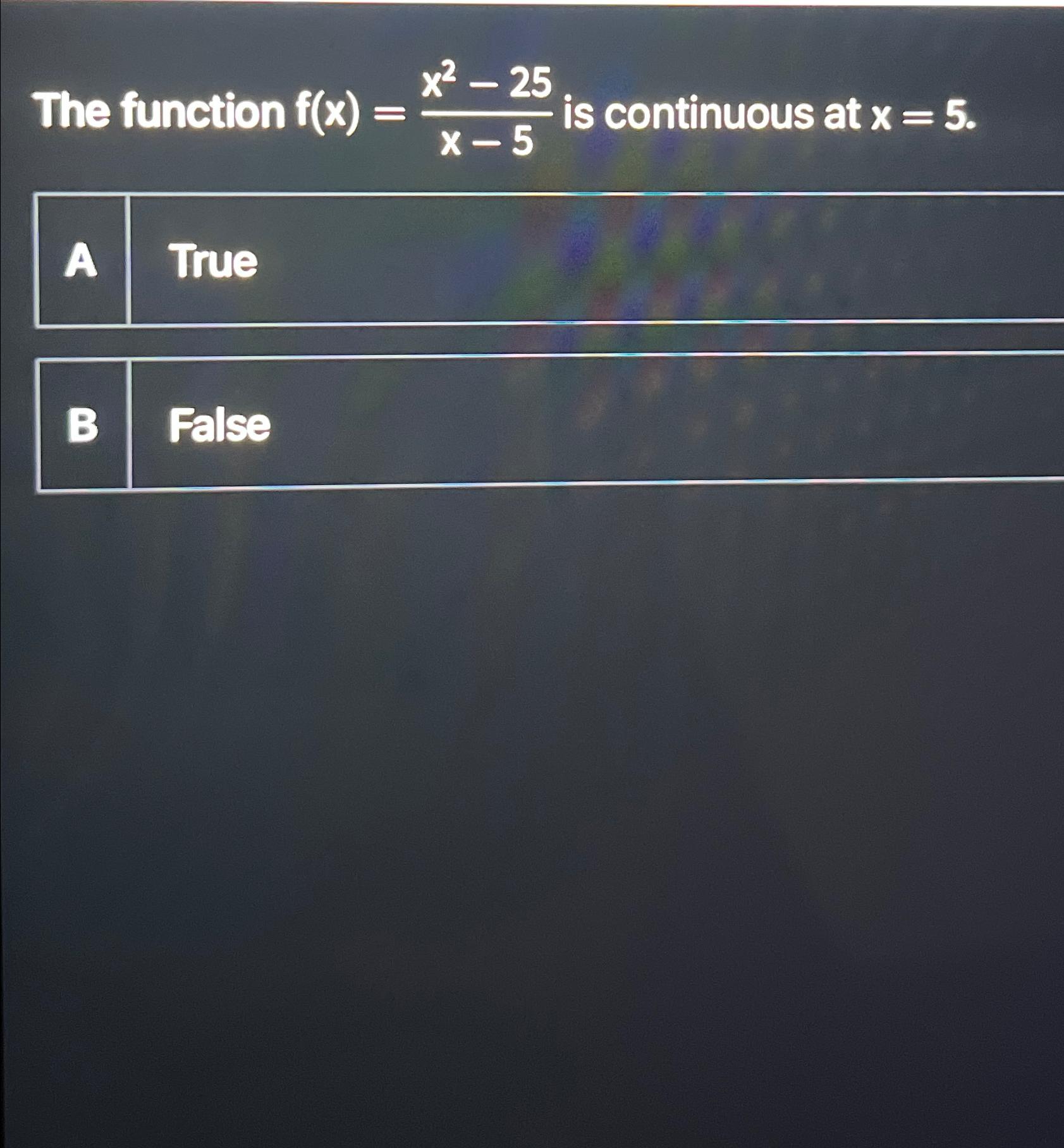 Solved The function f(x)=x2-25x-5 ﻿is continuous at x=5.A | Chegg.com