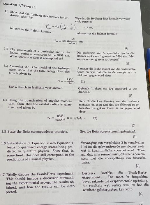 Solved Question 1/Vraag 133 1.1 Show that the Rydberg-Ritz | Chegg.com