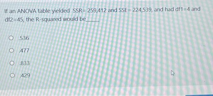 Solved If an ANOVA table yielded SSR =259,412 and | Chegg.com