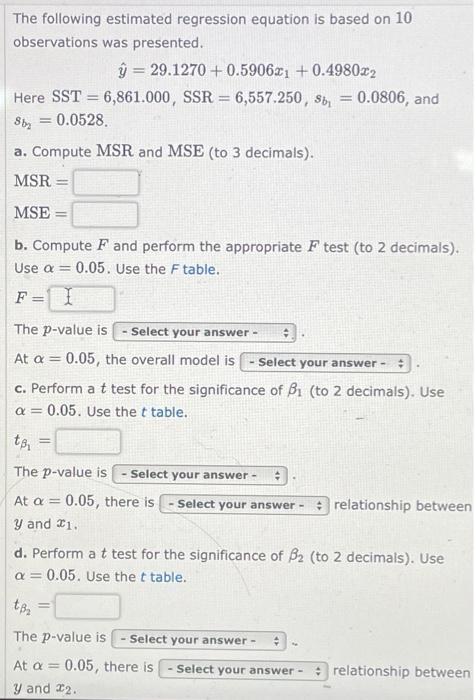 Solved The following estimated regression equation is based | Chegg.com