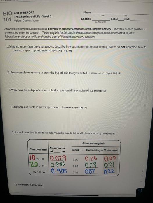 Solved Name BIO LAB 10 REPORT 101 The Chemistry of Life-Week | Chegg.com