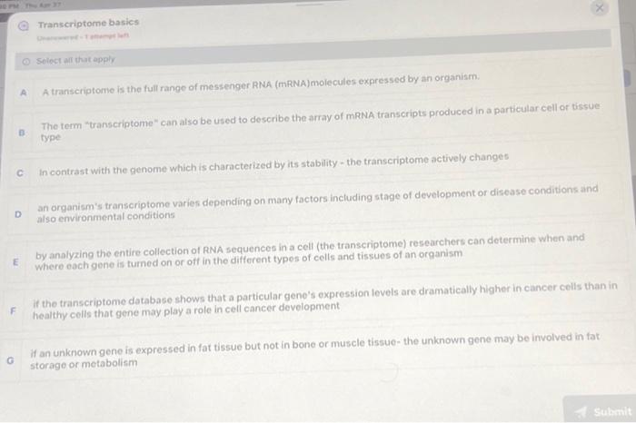 Solved Transcriptome basics Select an that apply A. A | Chegg.com
