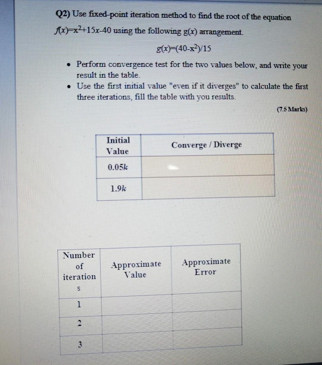 Solved (2) Use fixed point iteration method to find the root | Chegg.com