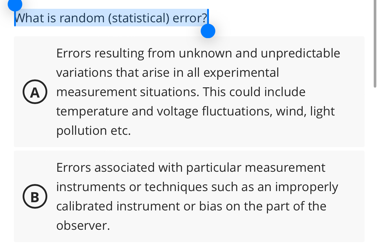 Solved What is random (statistical) ﻿error?Errors resulting | Chegg.com
