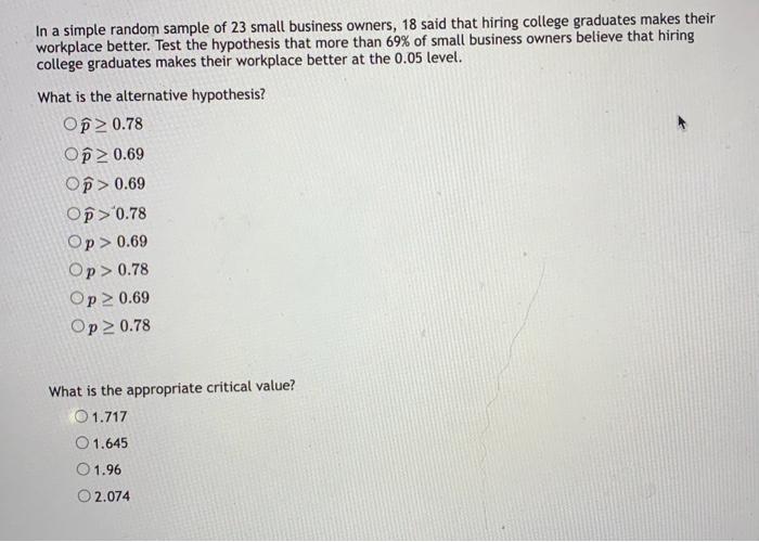 Solved In a simple random sample of 23 small business | Chegg.com
