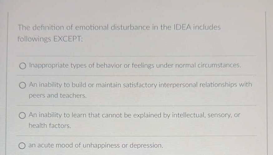 Solved The definition of emotional disturbance in the IDEA | Chegg.com
