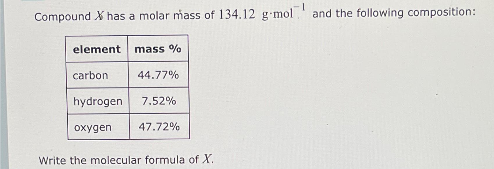 Solved Compound x ﻿has a molar mass of 134.12g*mol-1 ﻿and | Chegg.com