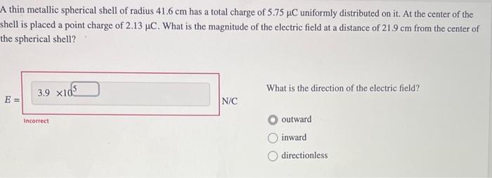 Solved A thin metallic spherical shell of radius 41.6 cm has | Chegg.com
