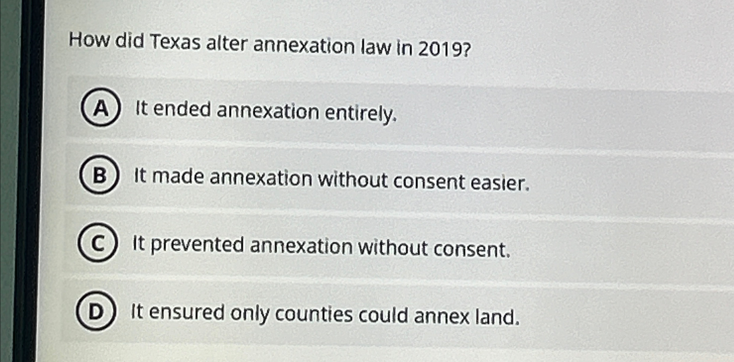 Solved How did Texas alter annexation law in 2019?It ended | Chegg.com
