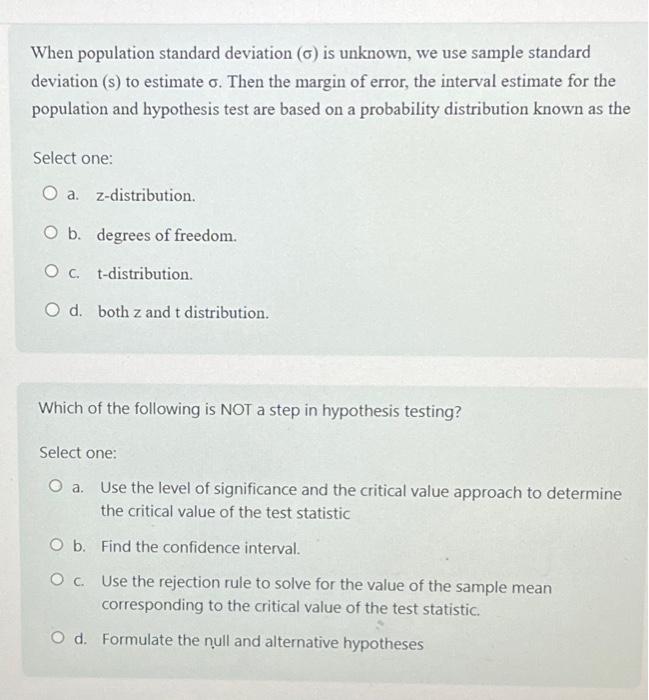 Solved When population standard deviation (σ) is unknown, we | Chegg.com
