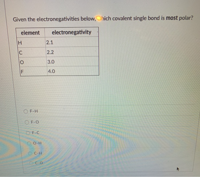 Solved Given the electronegativities below,hich covalent | Chegg.com