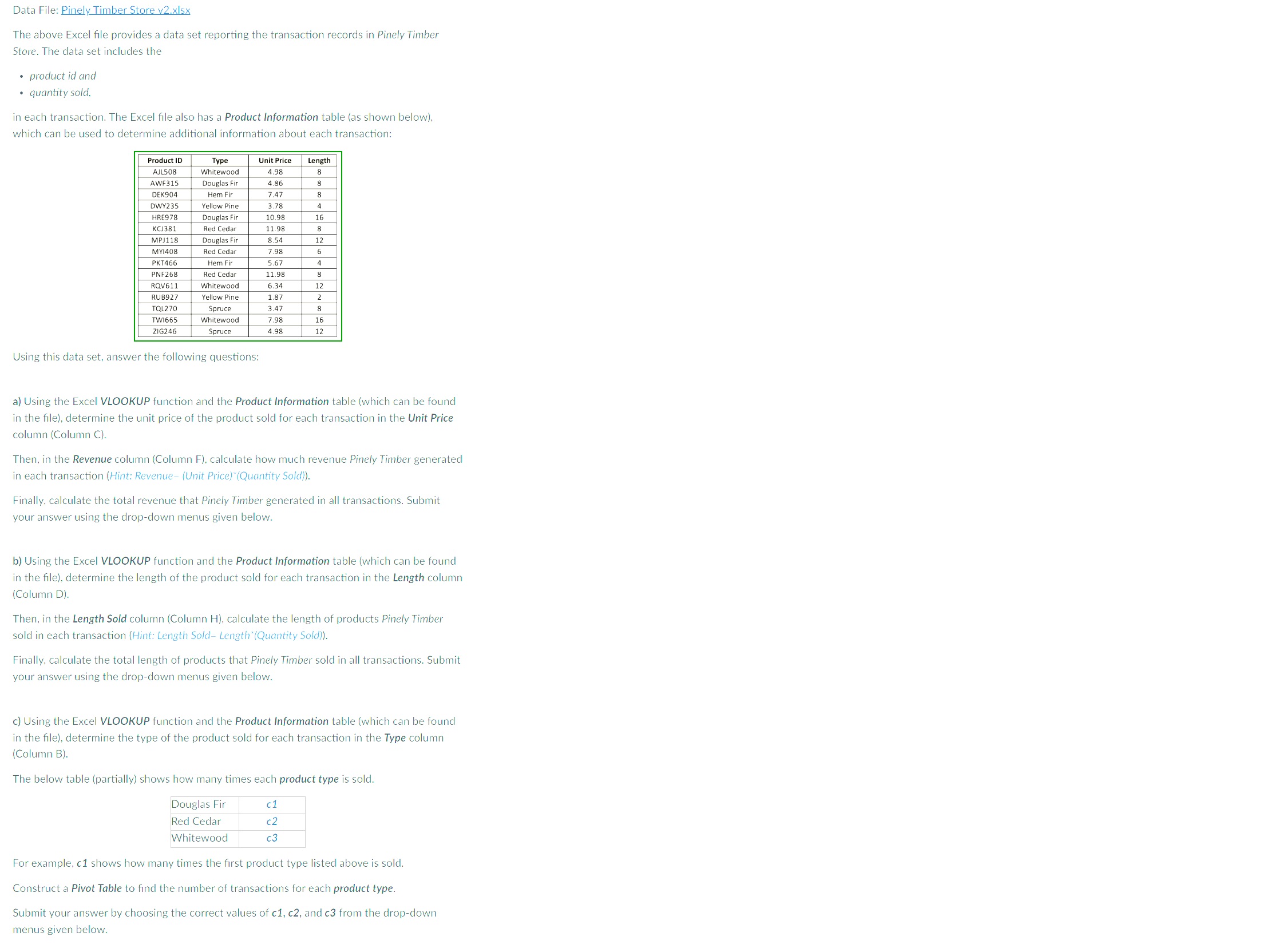 Solved Data File: Pinely Timber Store v2.xlsxThe above Excel | Chegg.com