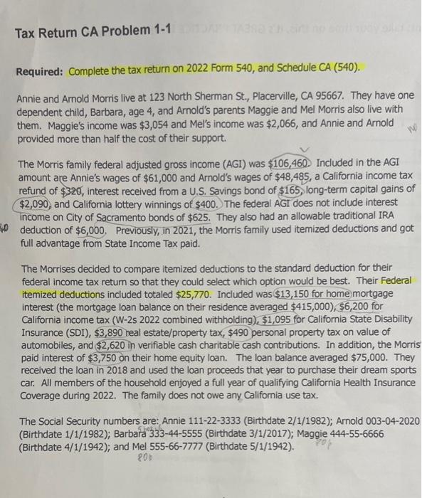 Required: Complete the tax return on 2022 Form 540, | Chegg.com