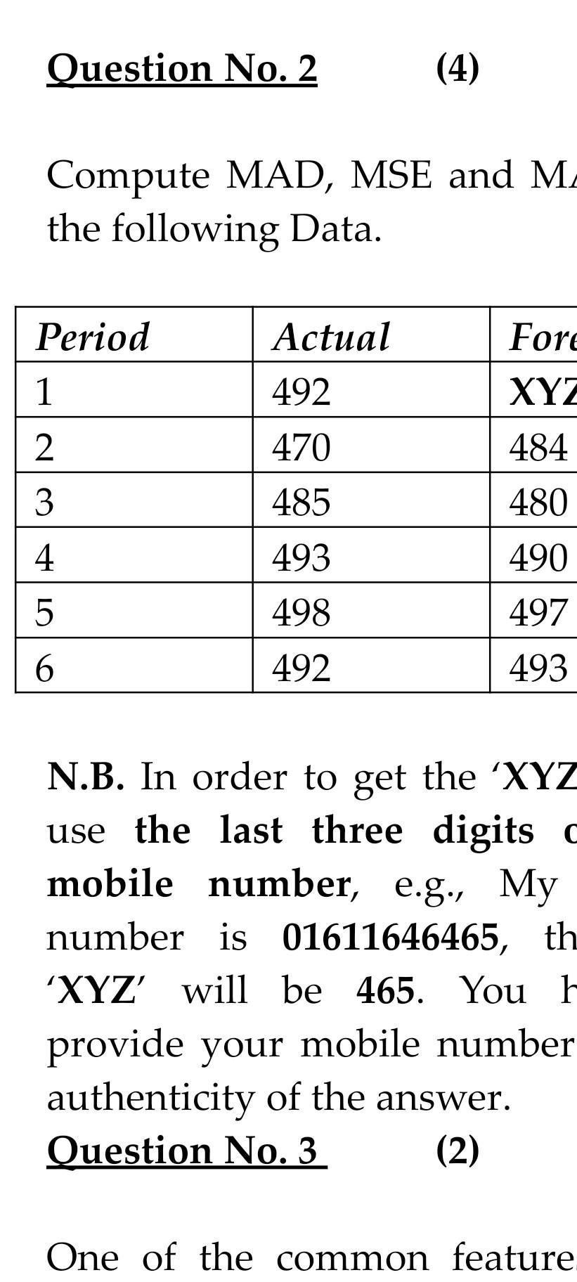 Solved Question No. 2 (4) Compute MAD, MSE and Me the | Chegg.com