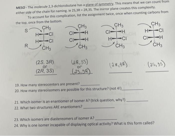 Solved MESO - The molecule 2,3-dichlorobutane has a plane of | Chegg.com
