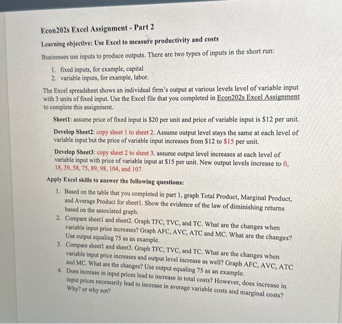 Solved Econ202s Excel Assignment - Part 2 Learning | Chegg.com