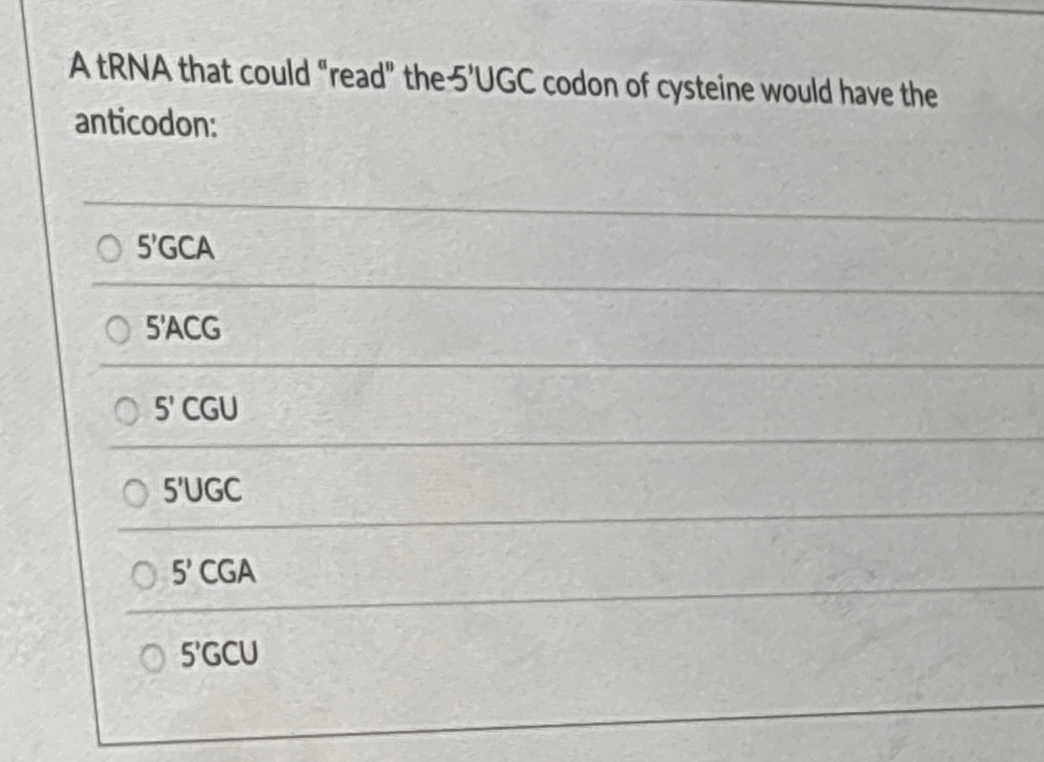 Solved A TRNA that could "read" the 5' ﻿UGC codon of | Chegg.com