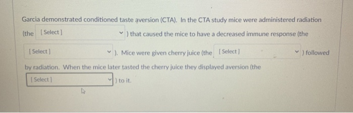 Solved Garcia demonstrated conditioned taste aversion (CTA). | Chegg.com