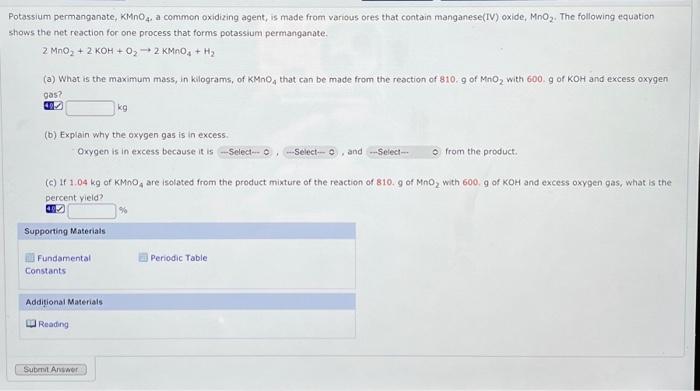 Solved Potassium permanganate, KMnO4, a common oxidizing | Chegg.com