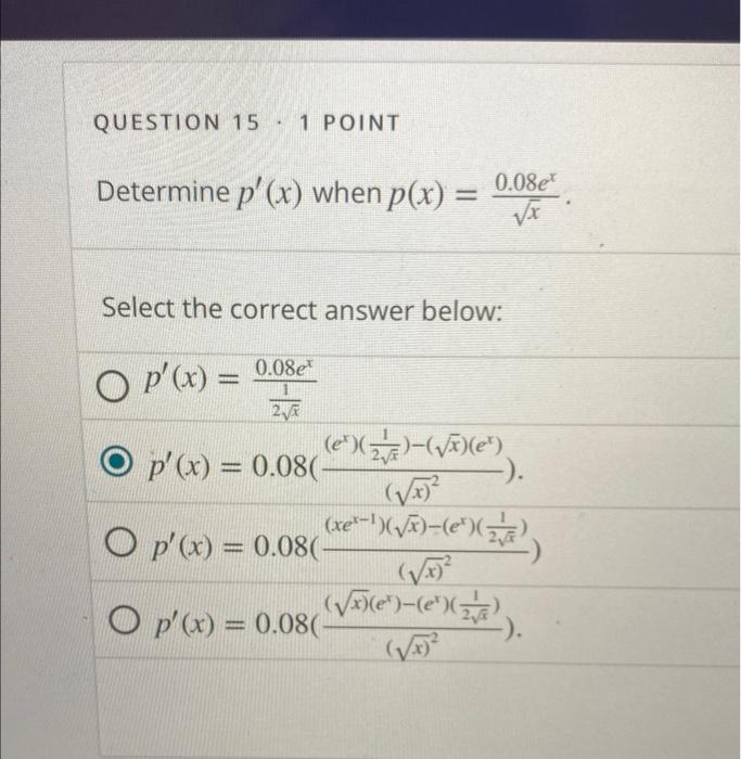 Solved Determine p′(x) when p(x)=x0.08ex. Select the correct | Chegg.com