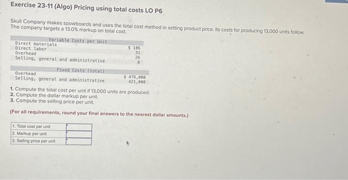 Solved Exercise 23-11 (Algo) Pricing using total costs LO P6 | Chegg.com