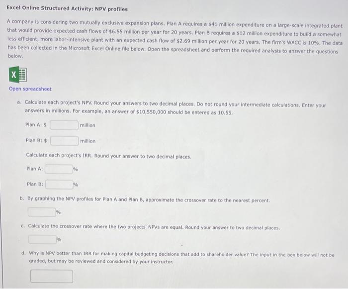 Solved Excel Online Structured Activity: NPV profiles A | Chegg.com