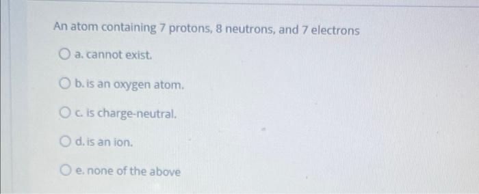Solved An atom containing 7 protons, 8 neutrons, and 7 | Chegg.com