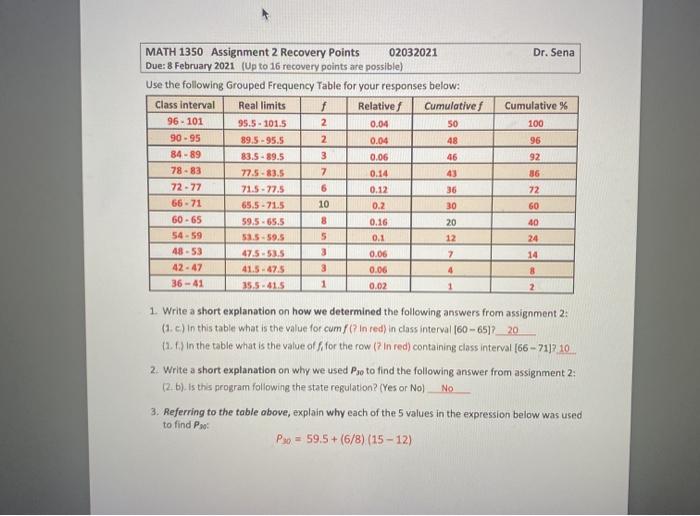 Solved Dr. Sena Cumulative % 100 96 MATH 1350 Assignment 2 | Chegg.com