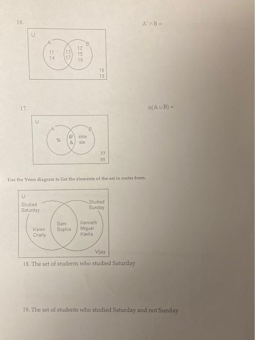 Solved 17. n(A∪B)= Use the Venn diagram to list the elements | Chegg.com