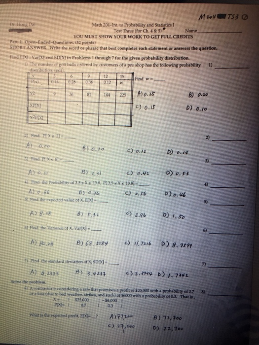 Solved M204753 Math 201-Int to Probability and Statistics | Chegg.com