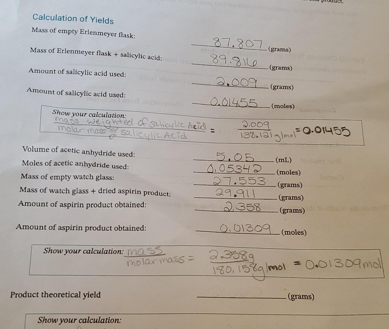 Solved Calculation of Yields Mass of empty Erlenmeyer flask: | Chegg.com