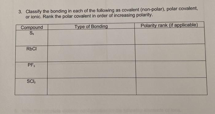 Solved 3. Classify the bonding in each of the following as | Chegg.com