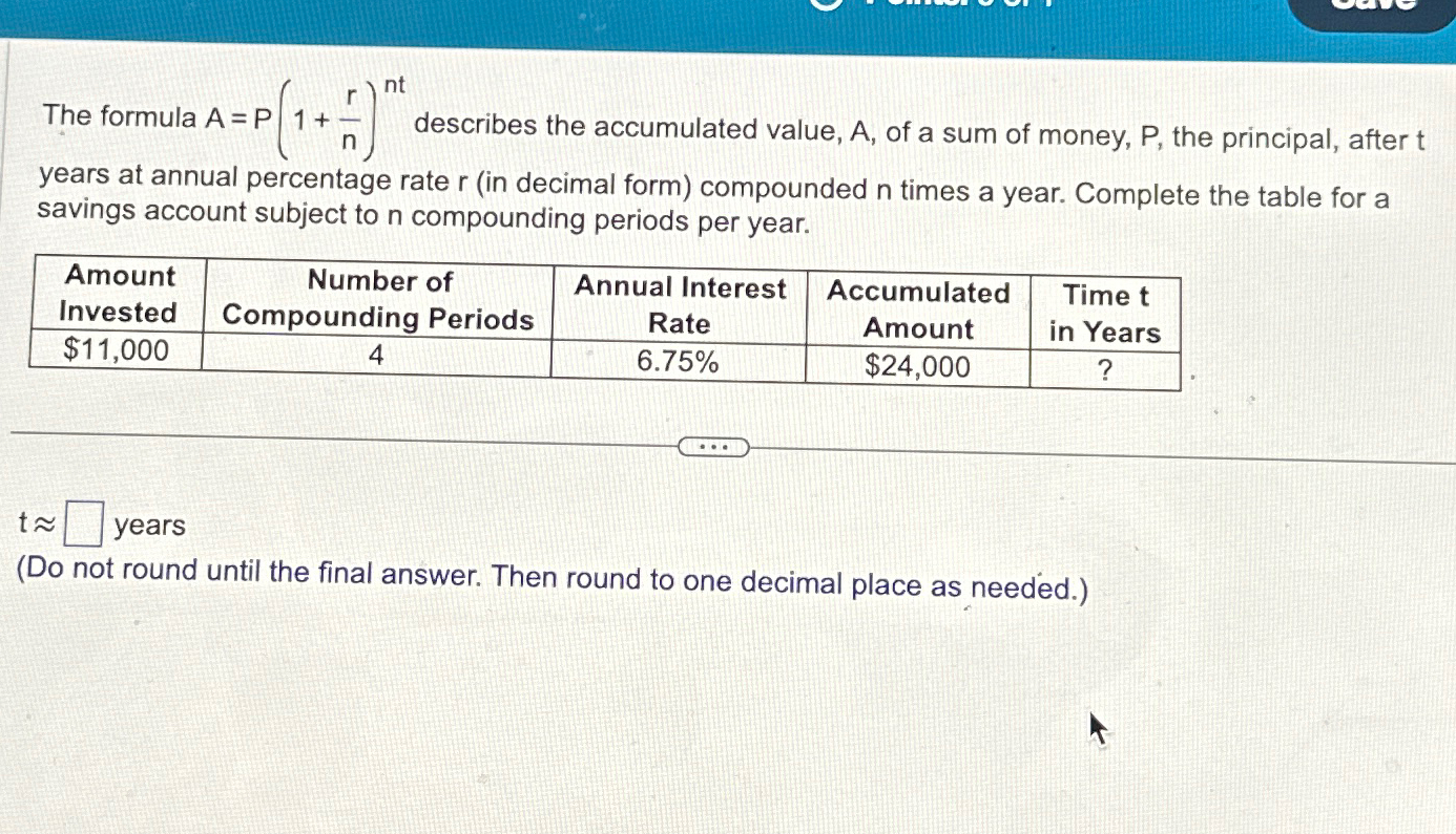 Solved The formula A=P(1+rn)nt ﻿describes the accumulated | Chegg.com