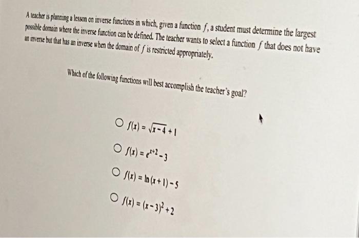 Solved A leacher is planning a lesson on inverse functions | Chegg.com