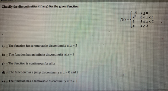 Solved Classify the discontinuities (if any) for the given | Chegg.com