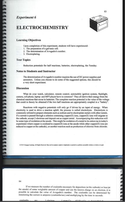 Experiment 6 ELECTROCHEMISTRY Learning Objectives | Chegg.com