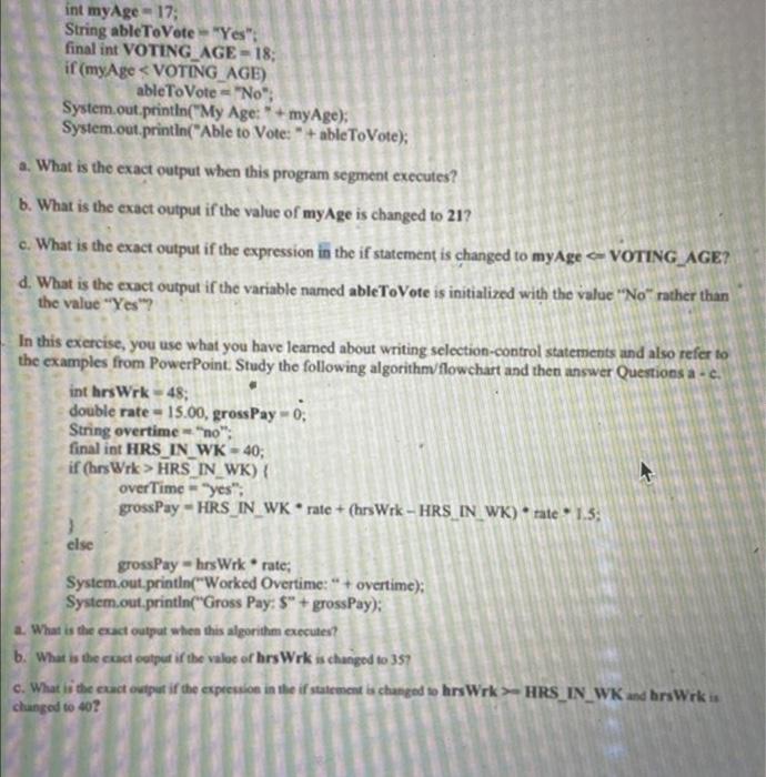 Solved int myAge = 17; String ableToVote - "Yes"; final int | Chegg.com