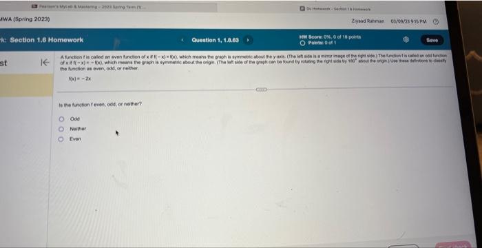 Solved the hincion as even, odd, ot neither is the Anstion f | Chegg.com