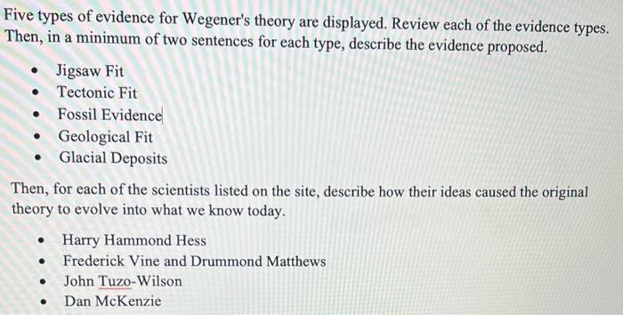 Solved Five types of evidence for Wegener's theory are | Chegg.com
